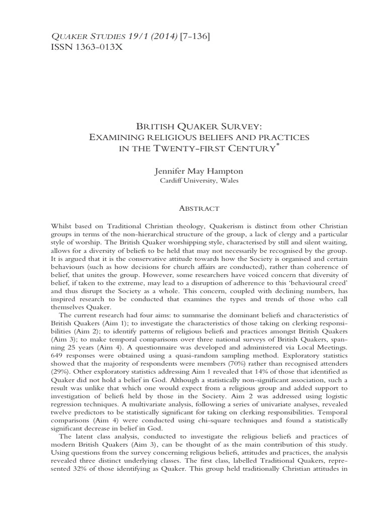 Hampton 2014 British Quaker Survey Examining Religious Beliefs and ...