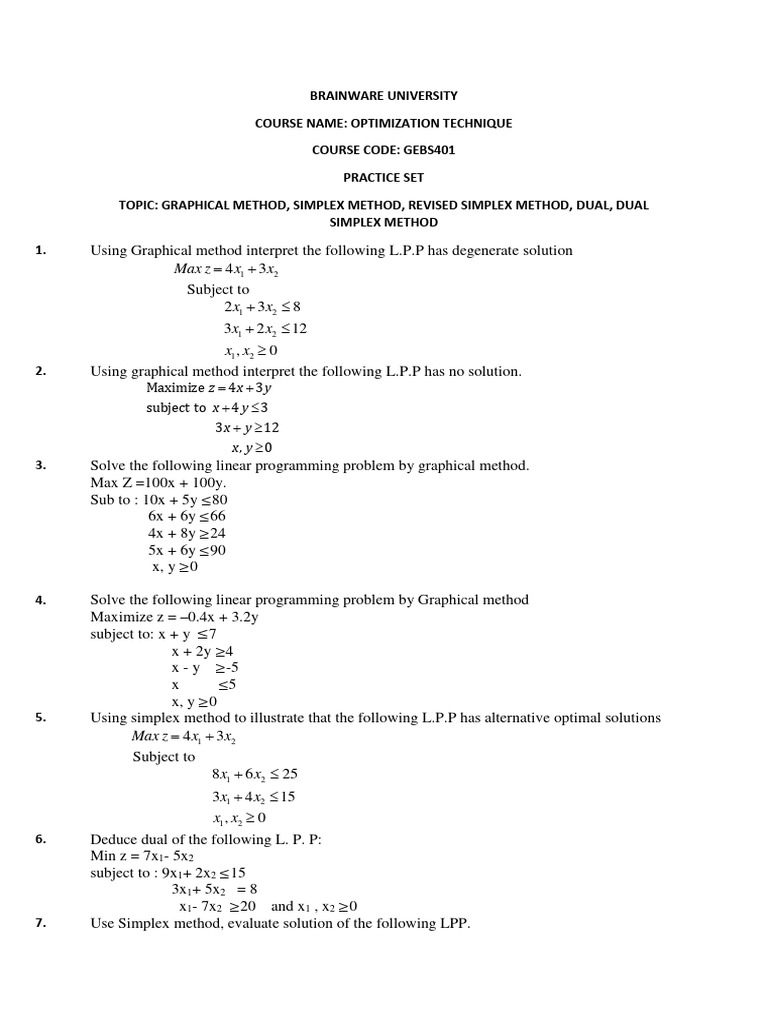 MATH 3-5 Marks Practice Set - SIMPLEX, DUAL, DUAL SIMPLEX, REVISED SIMPLEX | PDF | Linear ...