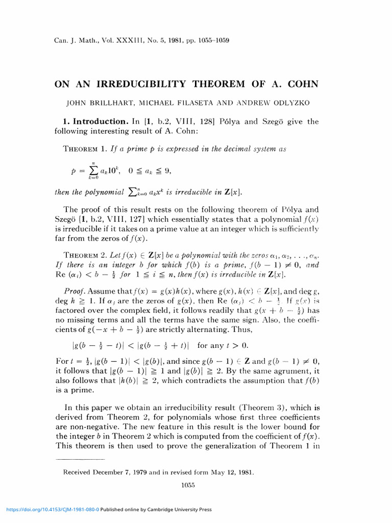 On An Irreducibility Theorem of A Cohn | PDF | Mathematical Logic ...