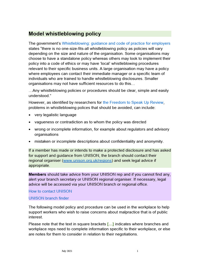 Model Whistleblowing Policy | PDF | Employment | Justice