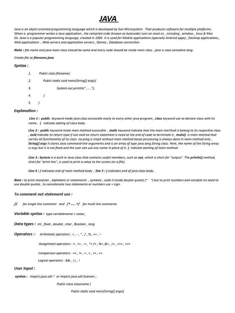 Java Notes Pdf Java Programming Language Class Computer Programming