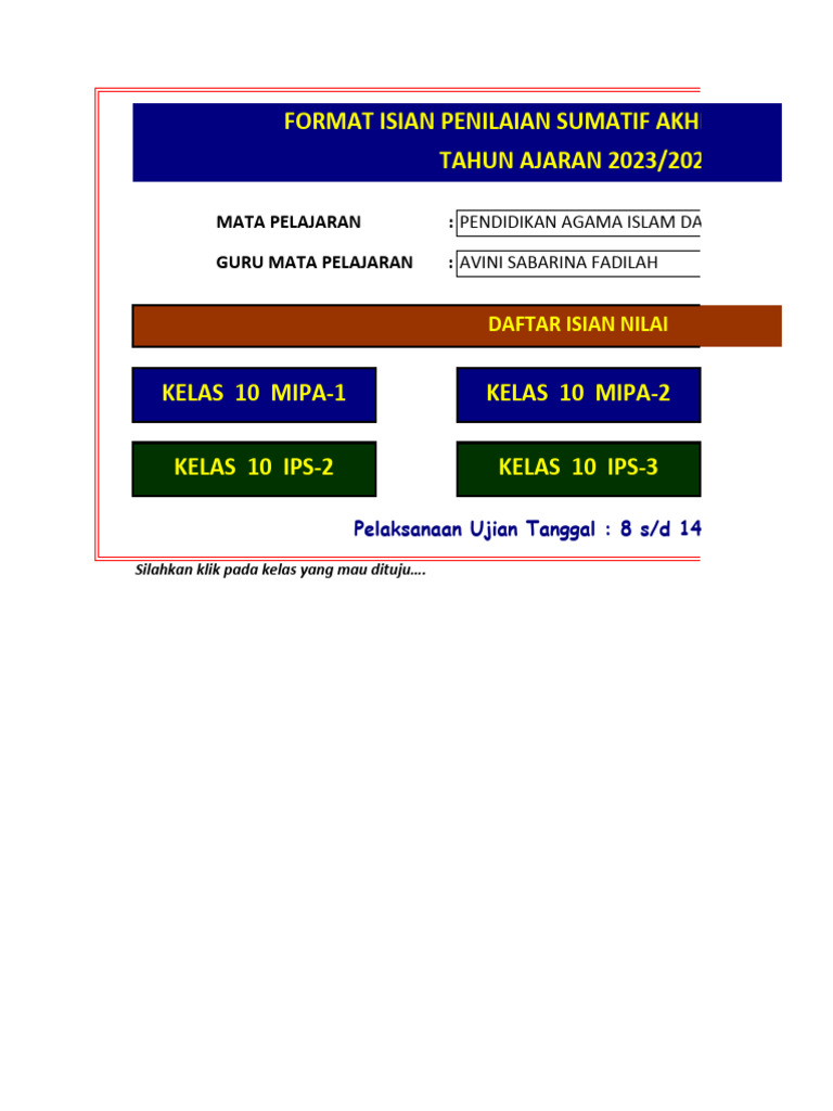 Format Daftar Nilai Psat 2024 Kelas 10 Mapel Paibp | PDF