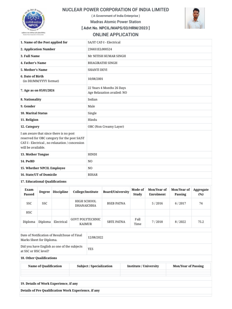NPCIL Recruitment Portal - Print Application Form | PDF | Government Of India | Politics Of India