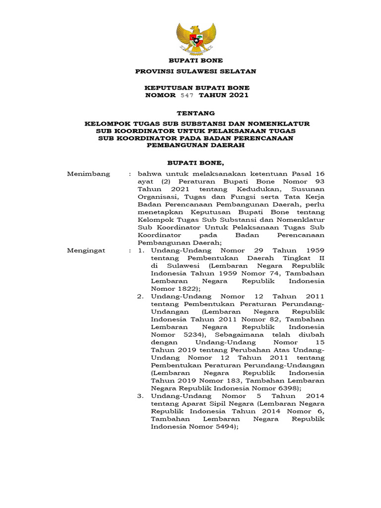 BAPPEDA - SK Nomenklatur & Pembagian Tugas Sub Koordinator.547-2021 | PDF