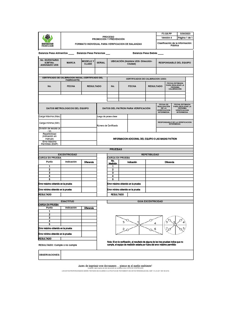 f3.g8.Pp Formato Individual para Verificacion de Balanzas v4 | PDF | Calibración