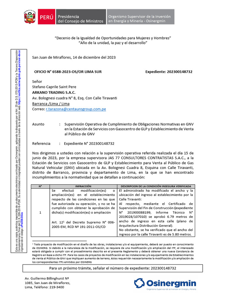 Oficio #6588-2023-OS-OR Lima Sur Exp. 202300148732 Observa Modif Ancho y Ubicación Ingreso X ...