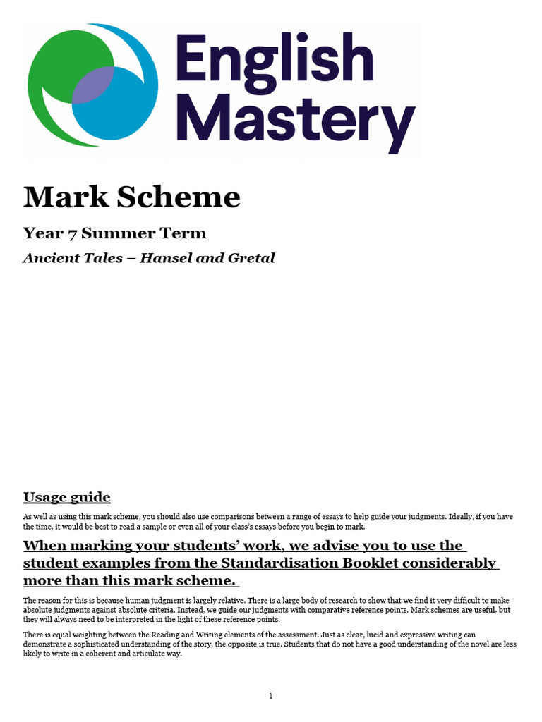 Year 7 Mark Scheme: Hansel and Gretel | PDF | Punctuation | Sentence ...
