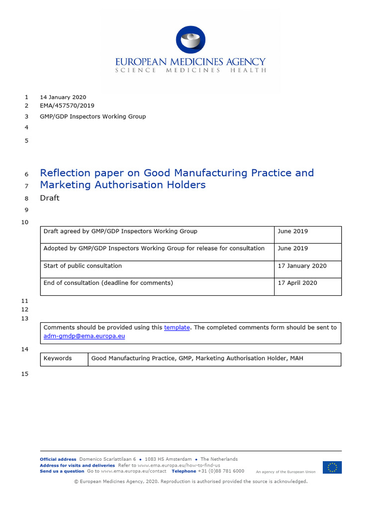 Reflection Paper Good Manufacturing Practice Marketing Authorisation ...