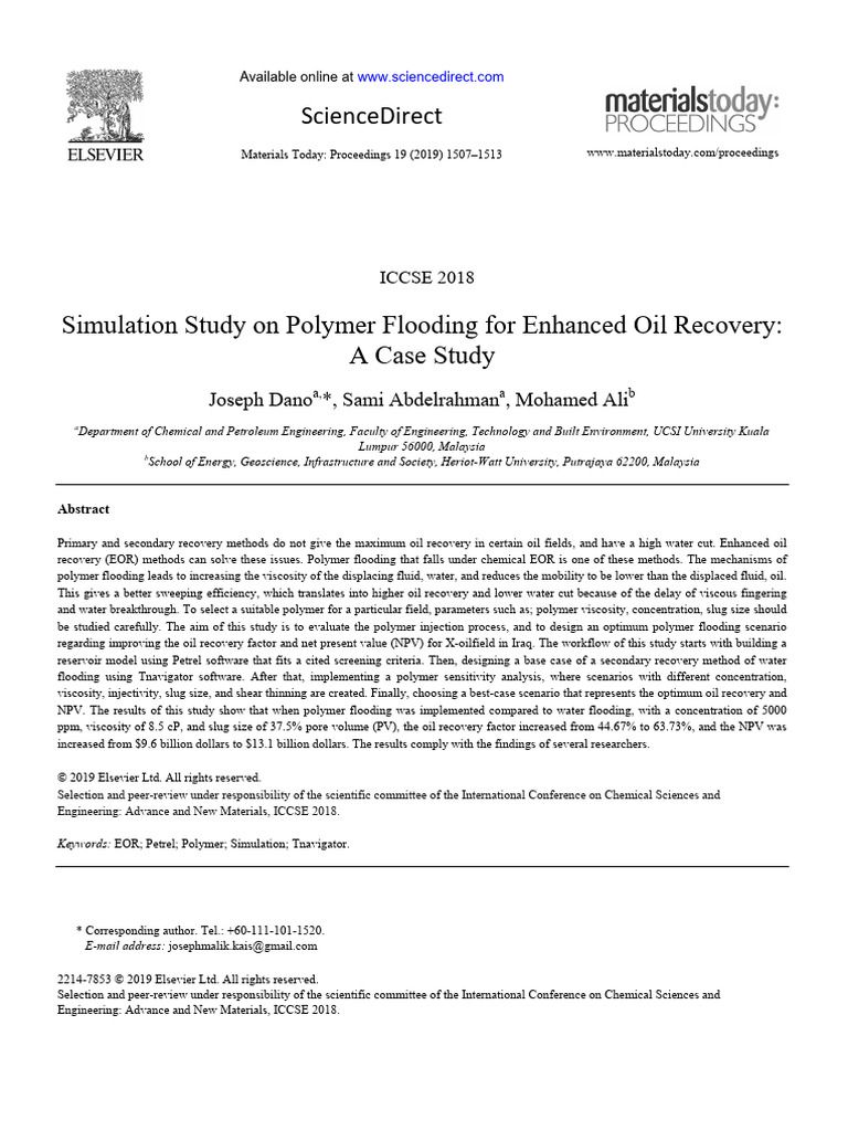 Simulation Study On Polymer Flooding For Enhanced Oil Recovery Pdf