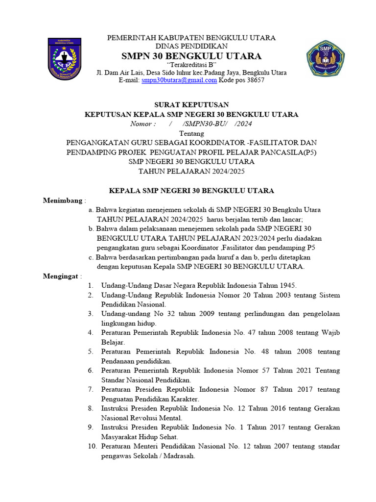 SK Koordinator, Fasilitator Pendamping P5 2024 | PDF