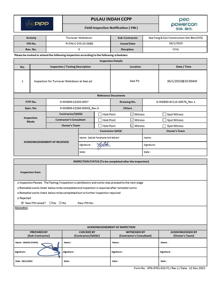 PI-FIN-C-SYS-23-0088 Inspection For Turnover Walkdown at Seal Pit | PDF