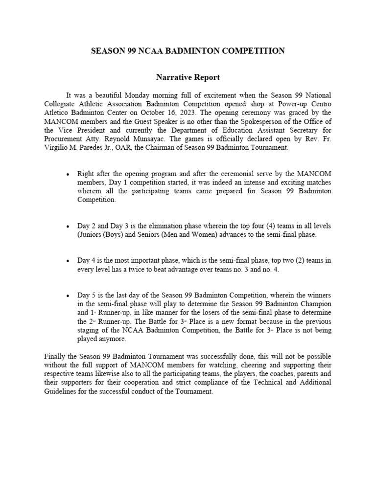Season 99 NCAA Badminton Overview | PDF | Sports | Sports Competitions