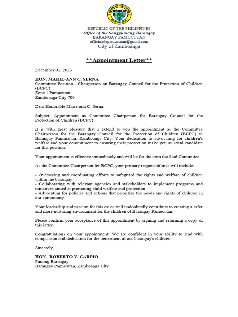 Appointment as BCPC Chairperson | PDF | Government