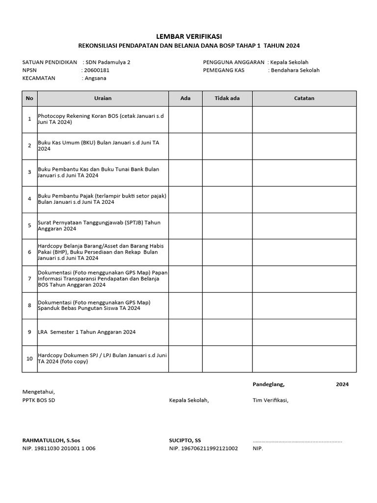 2024 Lembar Verifikasi Bos | PDF
