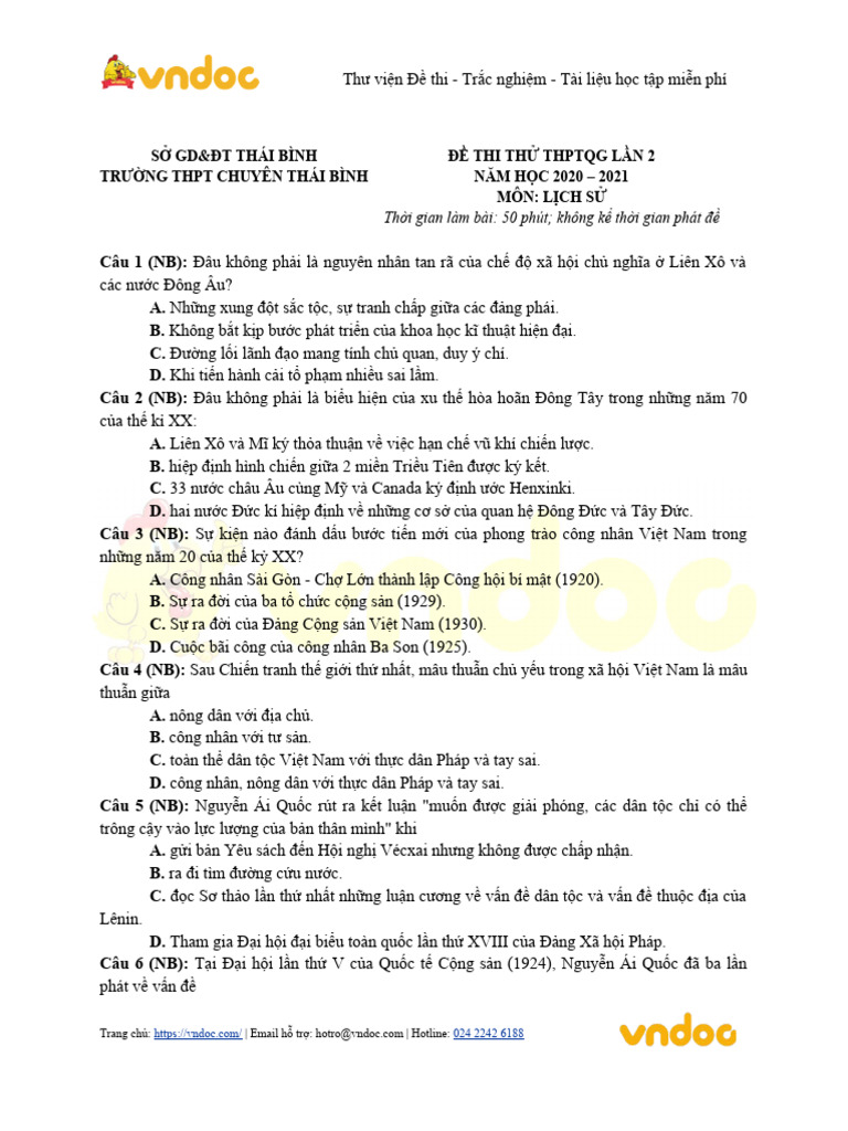 De Thi Thu THPT Quoc Gia 2021 Mon Lich Su Truong Chuyen Thai Binh Lan 2 | PDF