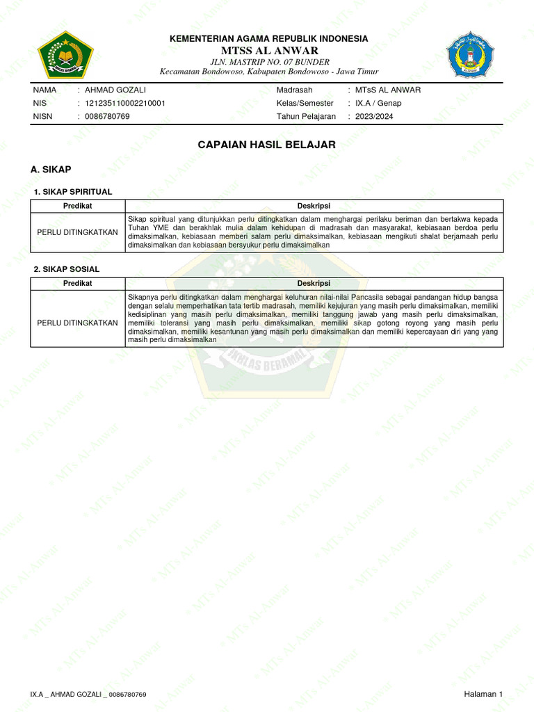 RDM - Rapor IX.A - AHMAD GOZALI - 0086780769 | PDF