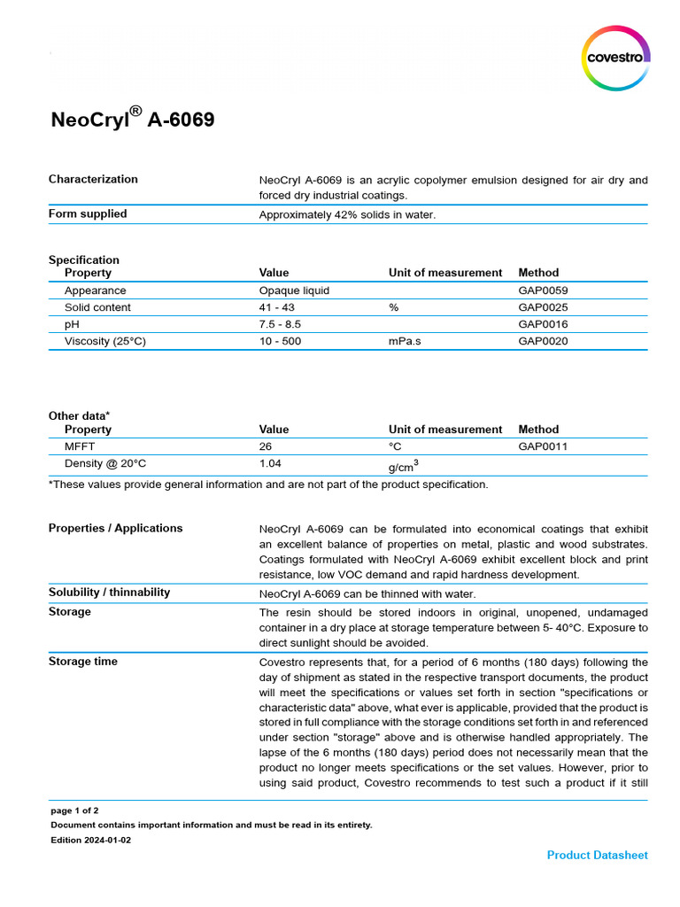 NeoCryl A 6069 - en - 50016124 23668259 23887459 | PDF | Coating | Information