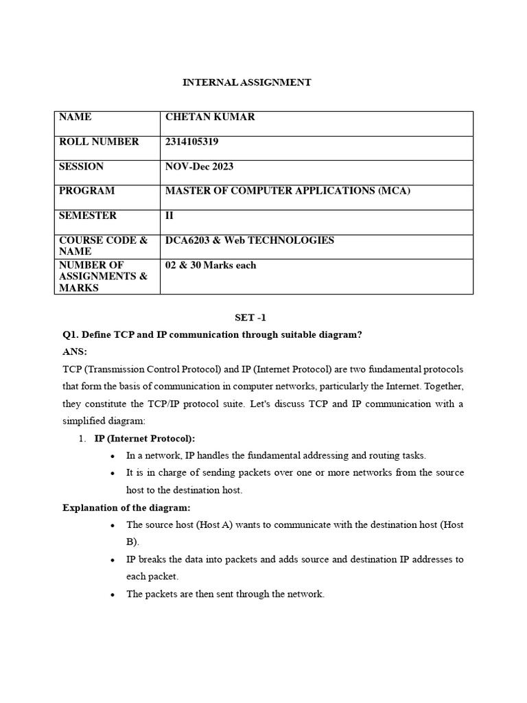 TCP/IP & Data Binding in MCA Assignment | PDF | Transmission Control Protocol | Internet Protocols