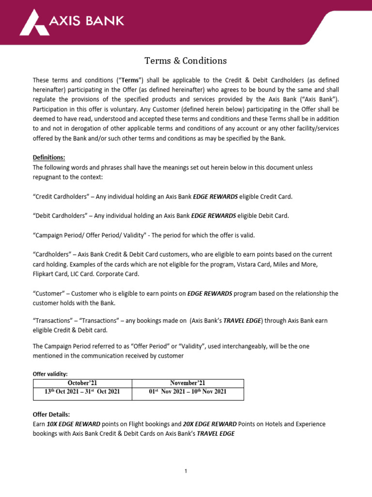Axis Bank Travel Edge Offer Details | PDF | Credit Card | Debit Card