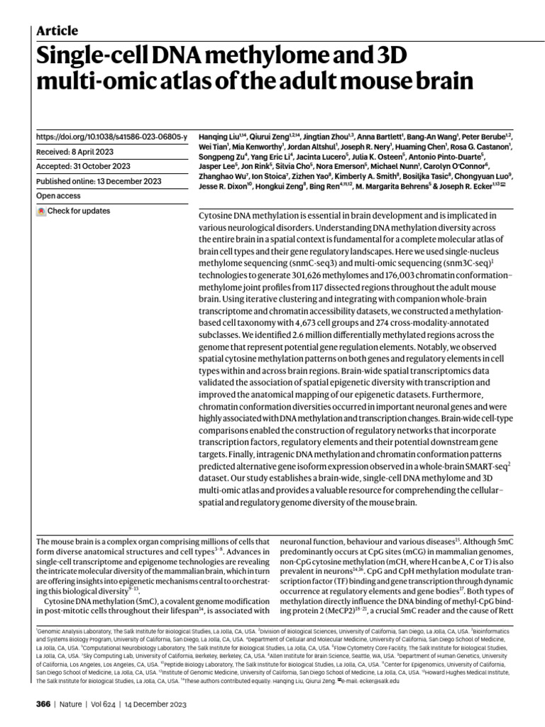 Single-Cell DNA Methylome and 3D Multi-Omic Atlas of The Adult Mouse ...