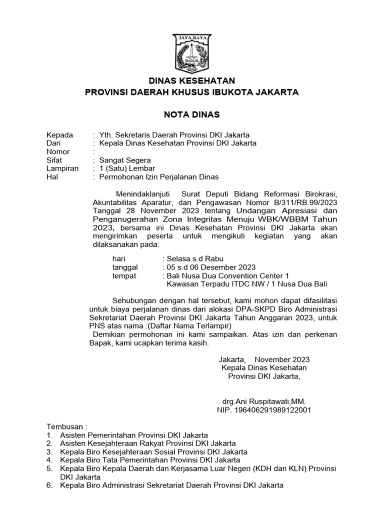 Nota Dinas Perjalanan Dinas WBKWBBM | PDF