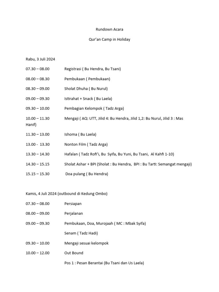 Rundown Acara Camp Qur'an | PDF