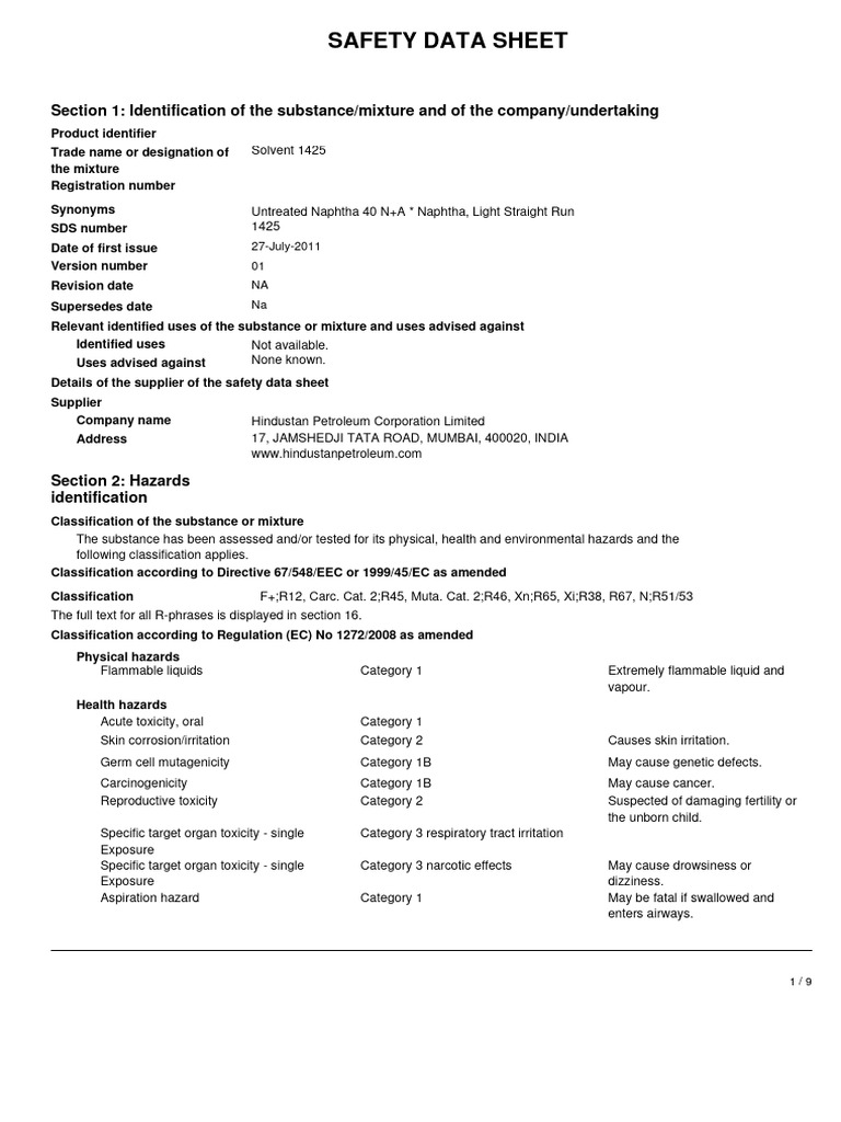 HPCL - MSDS - Solvent 1425 | PDF | Personal Protective Equipment | Toxicity