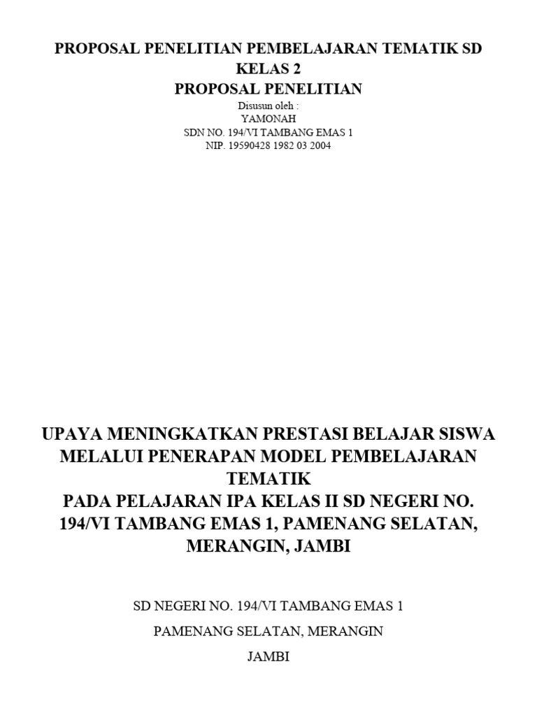 Proposal Penelitian Pembelajaran Tematik SD Kelas 2 | PDF