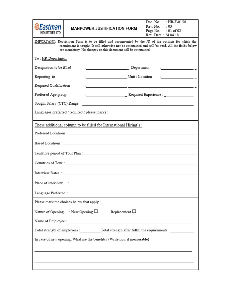 HR-F-01-01 R3 Manpower Justification Form | PDF | Human Resources ...