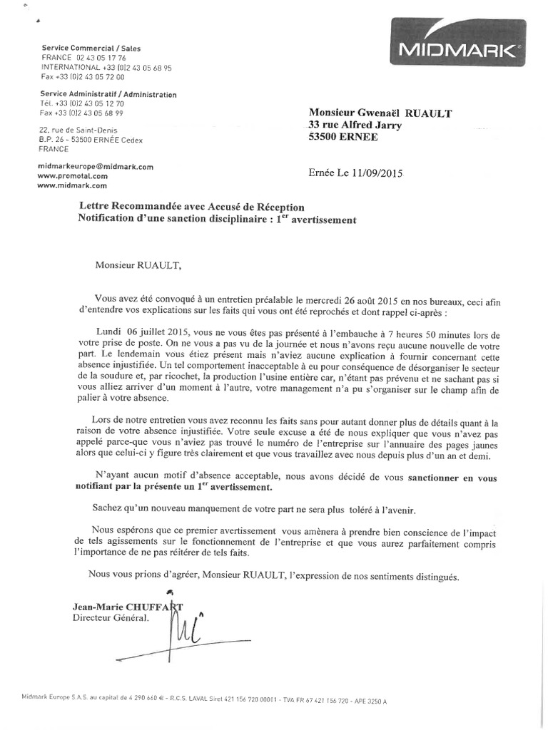 Lettre Recommandée Avec Accusé de Reception 1 Avertissement - Ruault | PDF