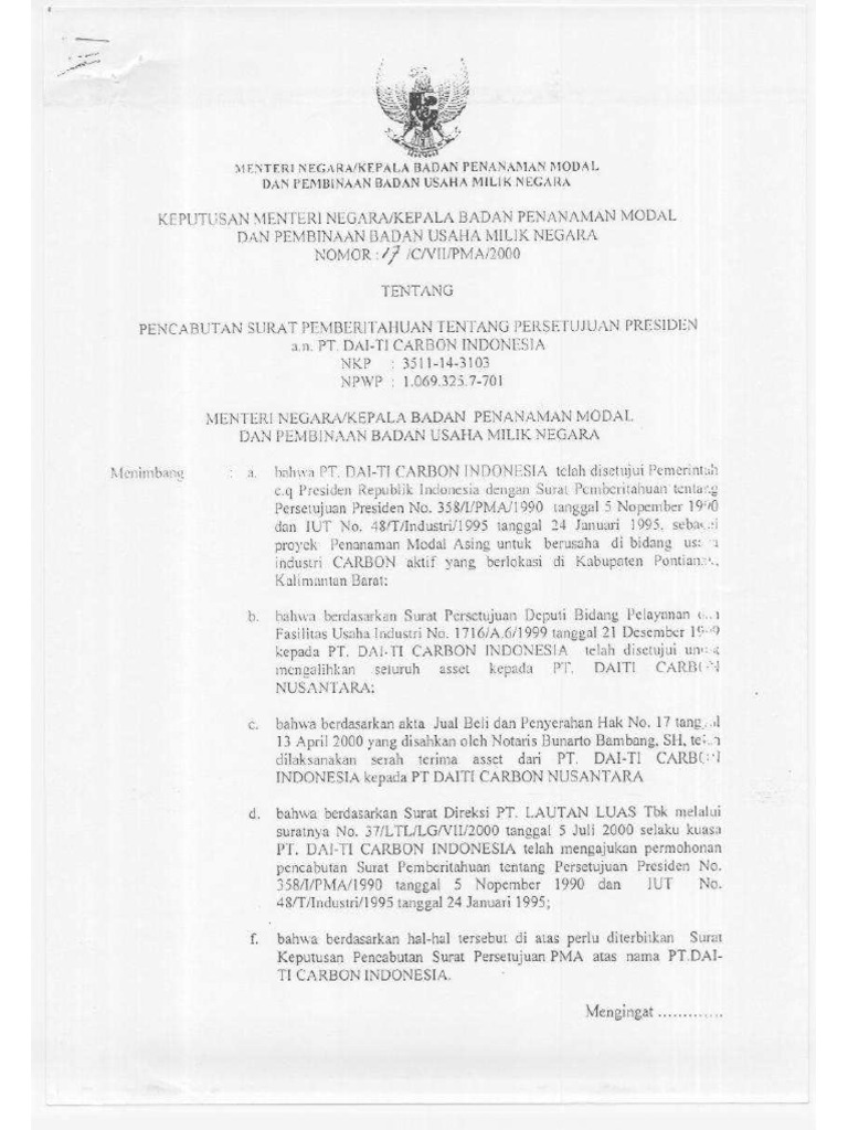 Keputusan Kepala BKPM No.17 - C - VII - PMA - 2000 Tentang Pencabutan ...