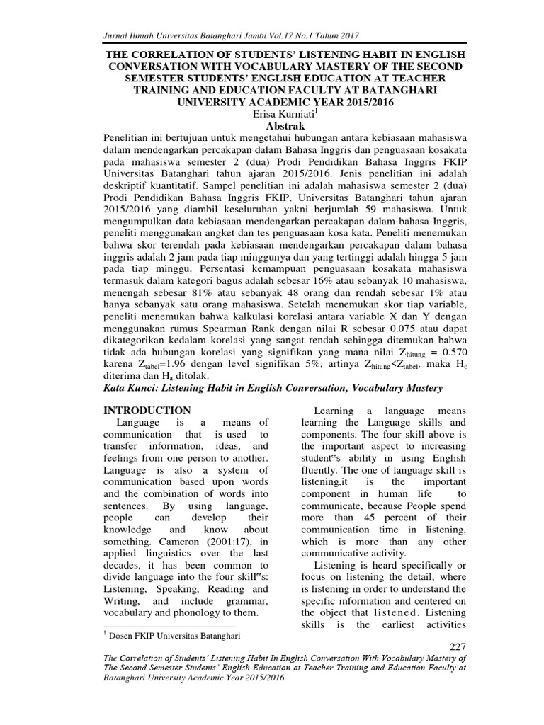 Kata Kunci: Listening Habit in English Conversation, Vocabulary Mastery ...
