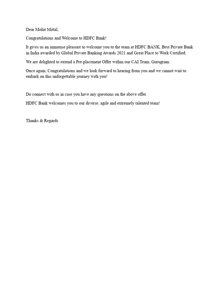 Hdfc Offer Letter Mohit | PDF