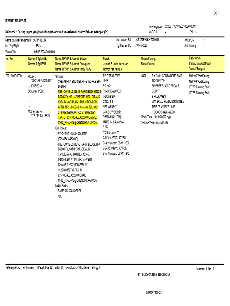 Inward Manifest for PT Cheng Hua Indonesia | PDF