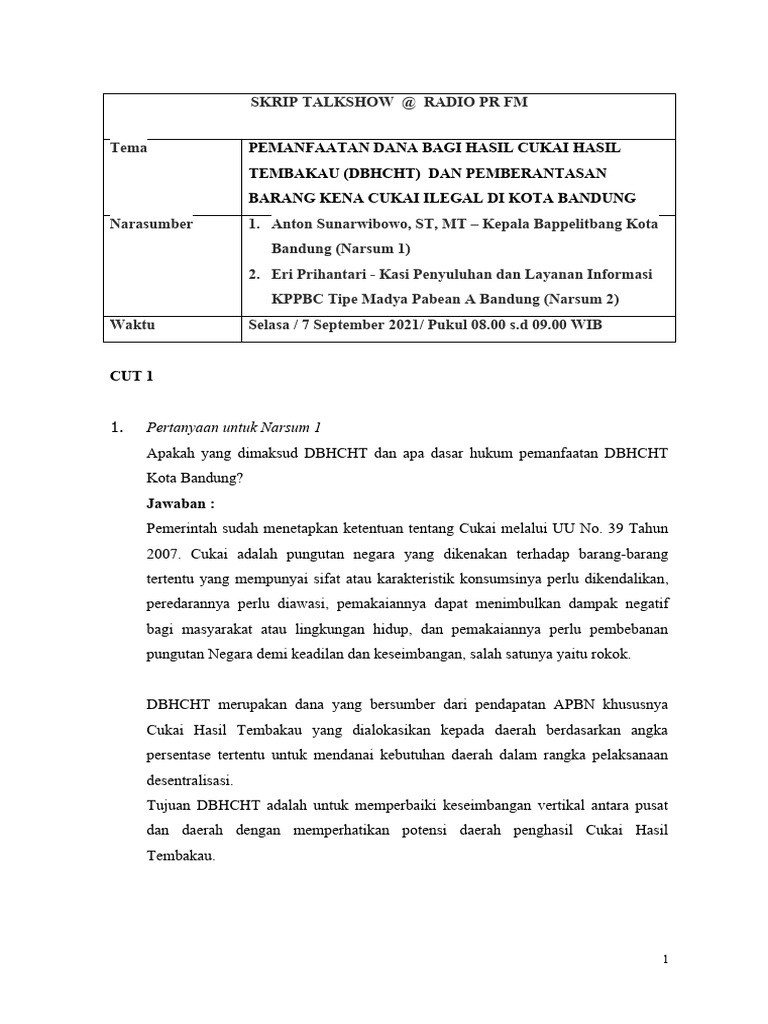 Skrip Talkshow PRFM-Daftar Pertanyaan Dan Jawaban Kota BDG Revisi | PDF