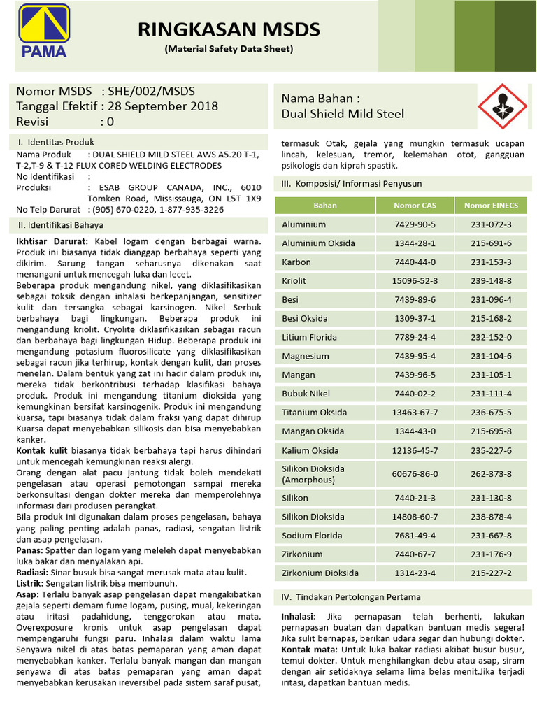 MSDS SHE 002 Dual Shield Mild Steel | PDF