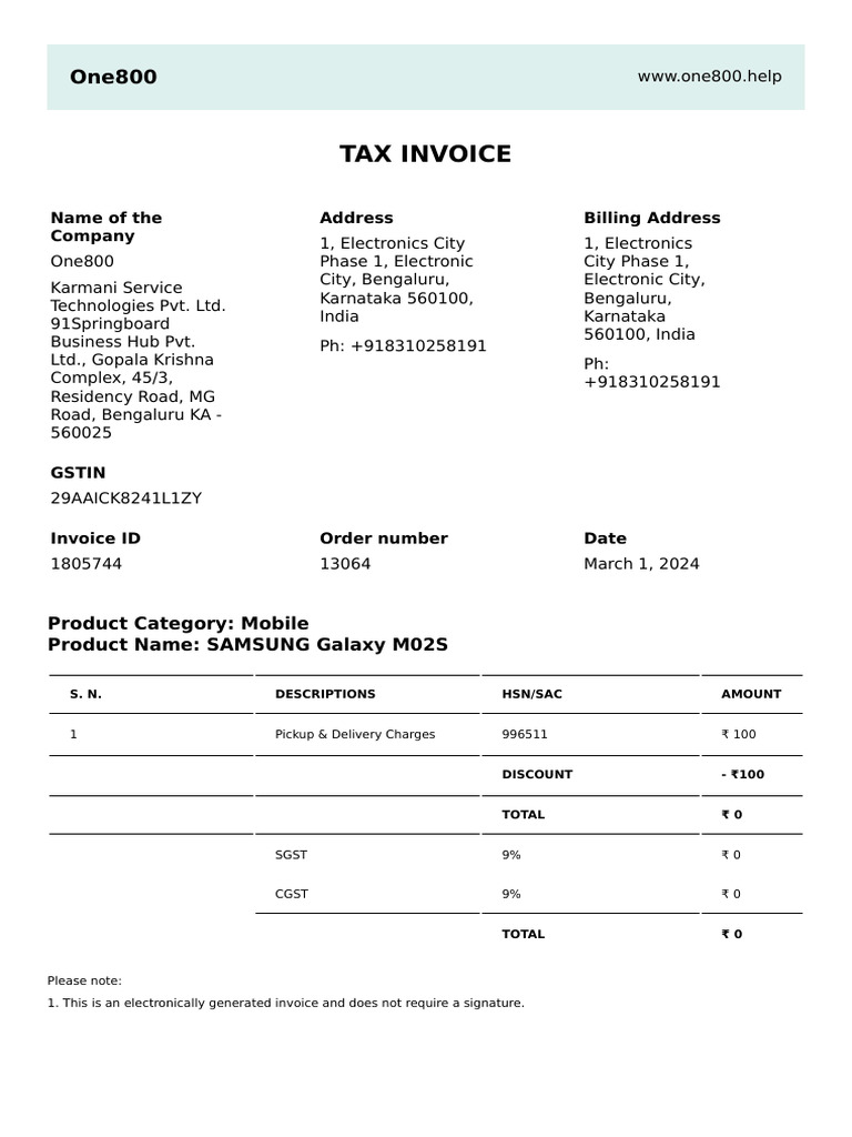 One800 Invoice SamsungM02s Screen | PDF | Smartphone | Consumer Electronics