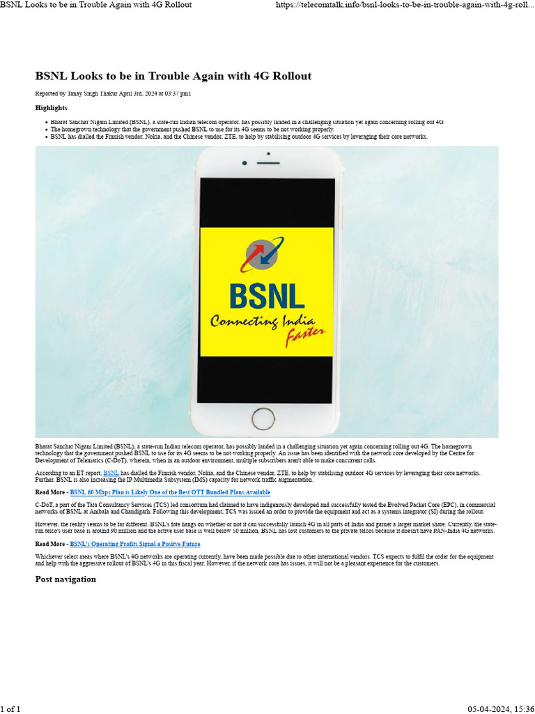 BSNL 4G Rollout Challenges Persist | PDF | 4 G | Service Industries