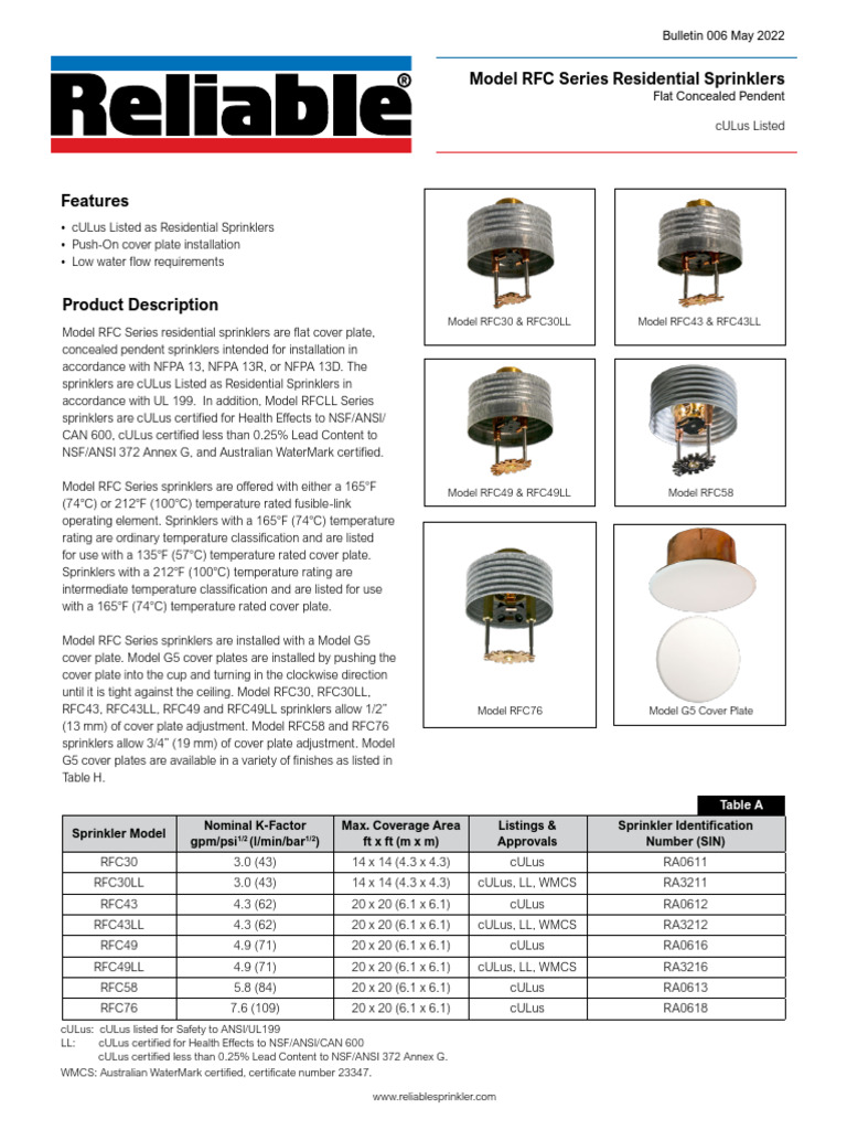 Model RFC Residential Concealed Sprinkler | PDF | Fire Sprinkler System ...