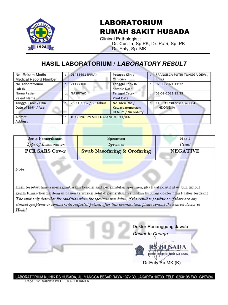 Laboratorium Rumah Sakit Husada: Hasil Laboratorium / Laboratory Result | PDF | Pengembangan ...