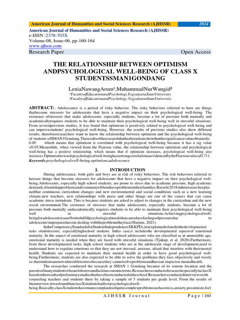 The Relationship Between Optimism Andpsychological Well-Being of Class ...