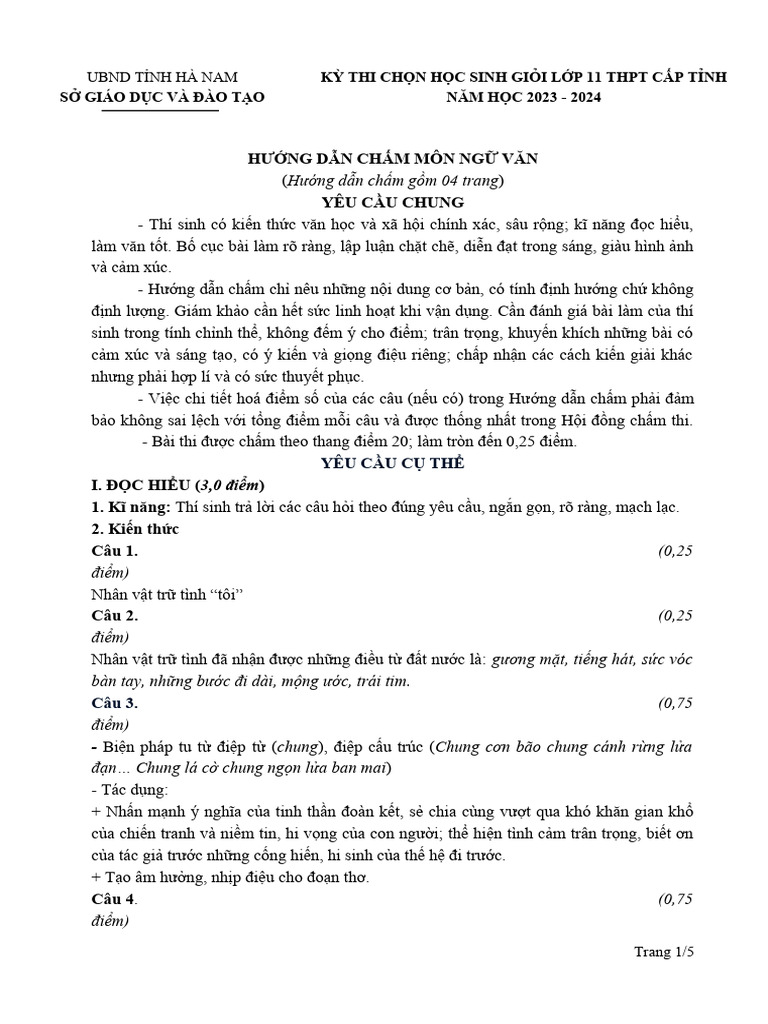 Văn 11 HSG 2024 Đáp Án Chính Thức | PDF