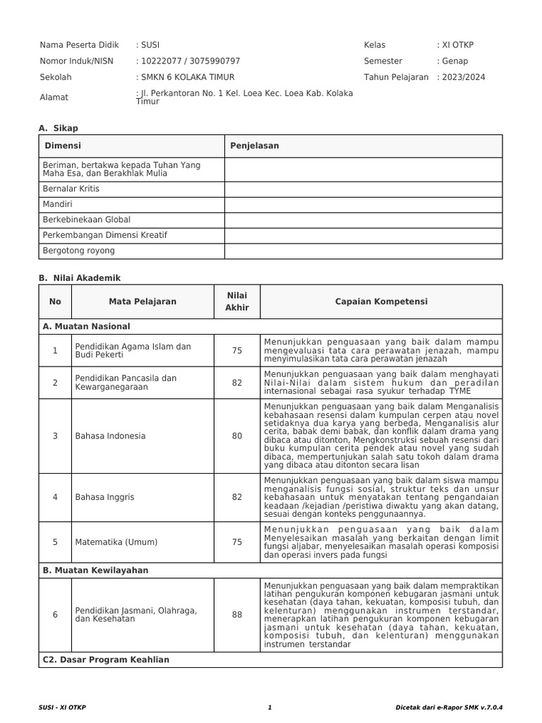 Rapor Susi - Xi Otkp | PDF