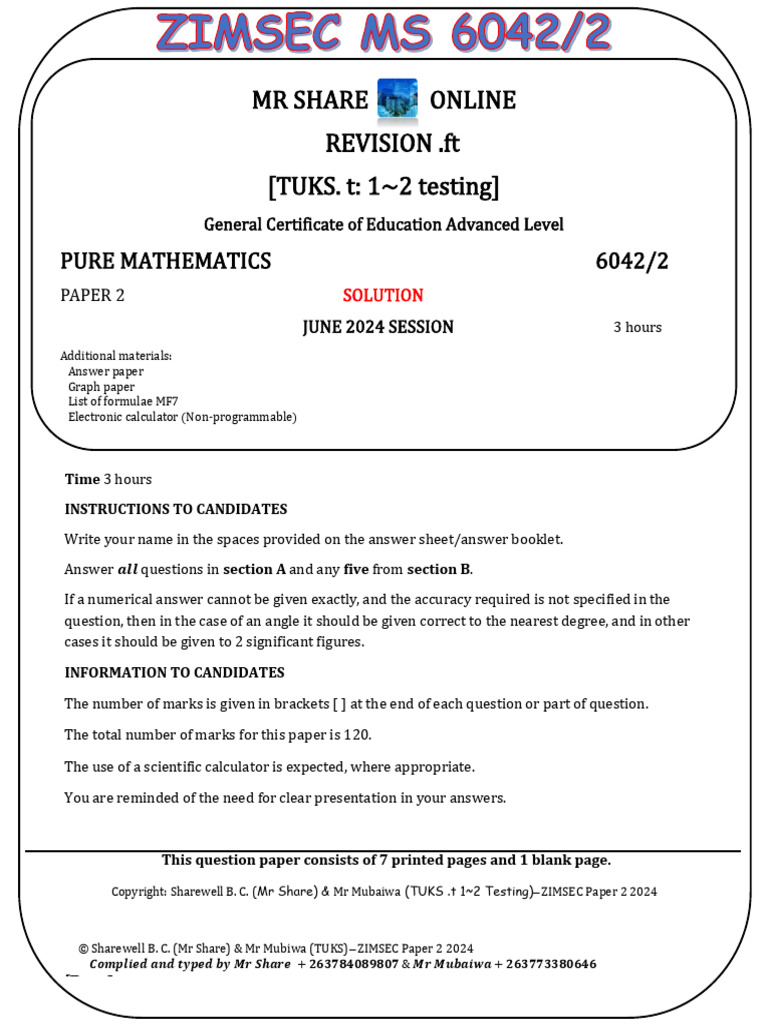 2024 Ms p2 June Pure Mathematics Zimsec Tuks and Mr Share | Download Free PDF | Complex Number ...