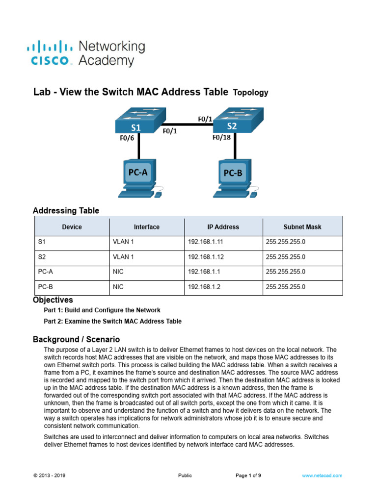 View Switch MAC Address Table Lab | PDF | Computer Network | Network Switch