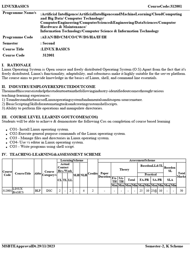 312001-LINUX BASICS (Syllabus) | PDF | Regular Expression | Computer File 312001-LINUX BASICS (Syllabus) | PDF | Regular Expression | Computer File