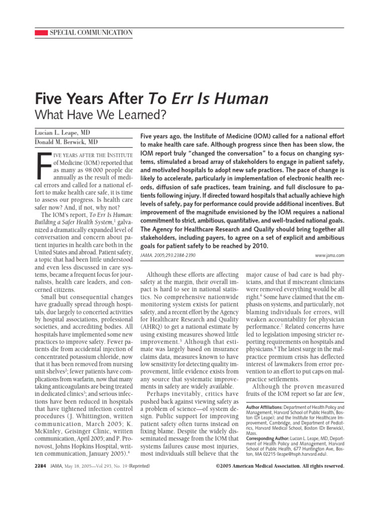 Five Years After To Err Is Human What Have We Learned | PDF | Patient ...