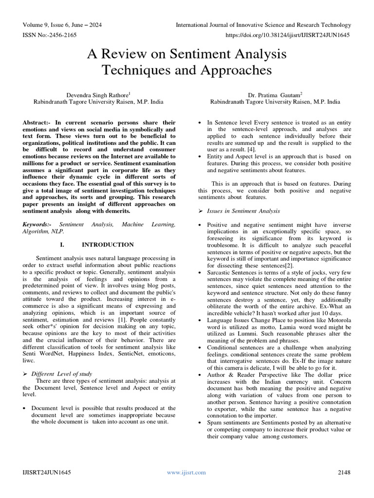 A Review on Sentiment Analysis Techniques and Approaches | Download Free PDF | Statistical ...