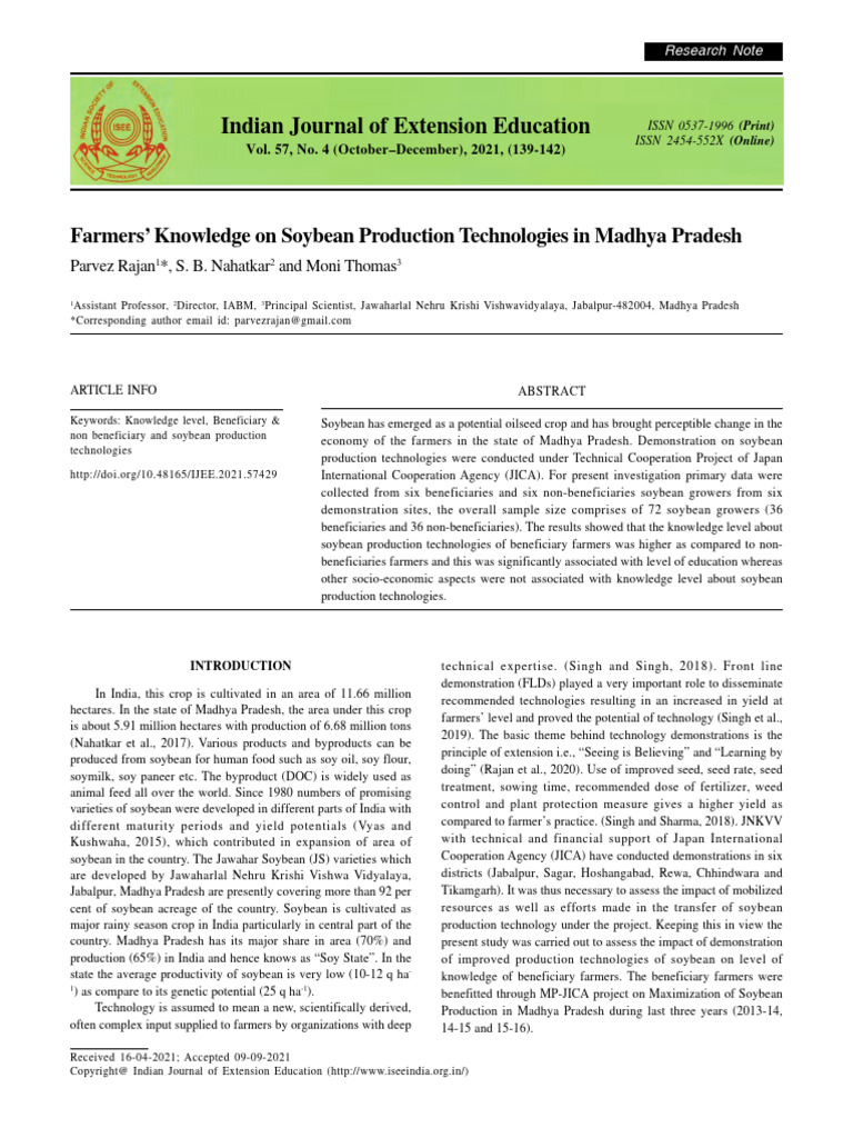 30 +IJEE+Vol +57 (4) - 2021+RN | PDF | Soybean | Sowing