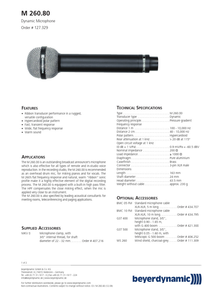 Specs Beyerdynamic M260.80 | PDF | Microphone | Information And ...